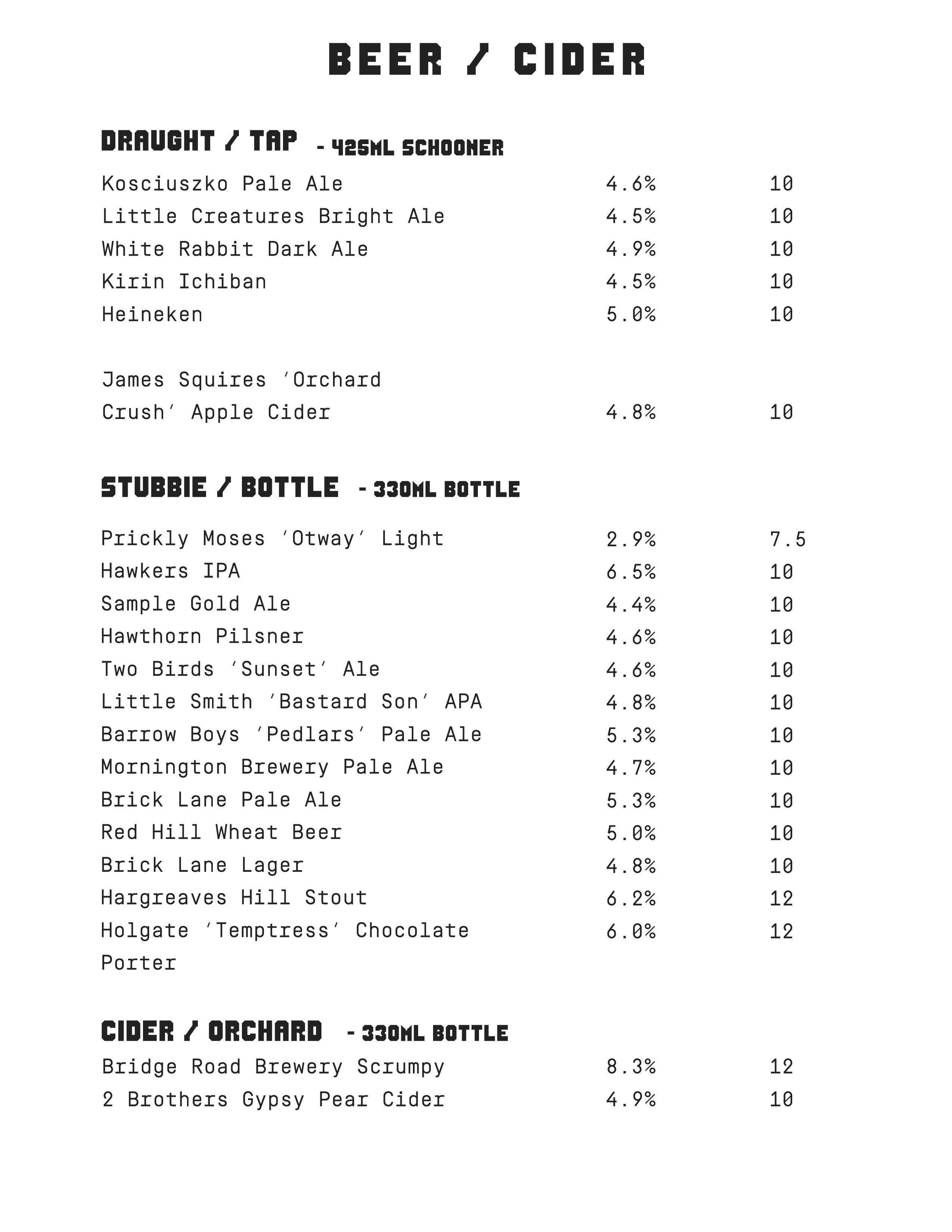 Carta de Transit Rooftop Bar, Melbourne