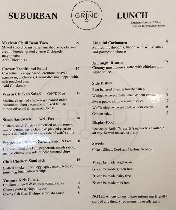 Menu at Suburban Grind cafe, Lynbrook