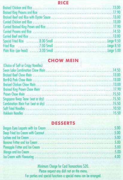 Menu at Swan Lake Chinese Restaurant, Churchlands, Unit 1/3 Flynn St