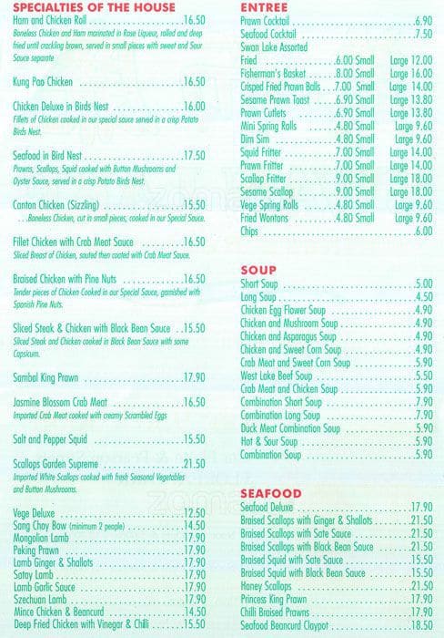 Swan Lake Chinese Restaurant Menu - Urbanspoon/Zomato