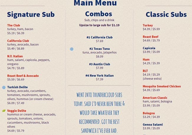 Thundercloud Subs Menu, Menu for Thundercloud Subs, Round Rock, Round ...