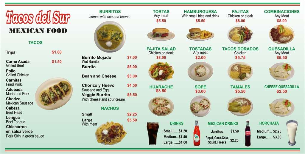 Tacos Del Sur Menu, Menu for Tacos Del Sur, Salem, Salem - Urbanspoon ...