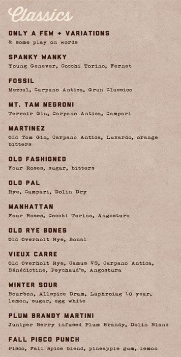 Menu at Rock Bar, San Francisco