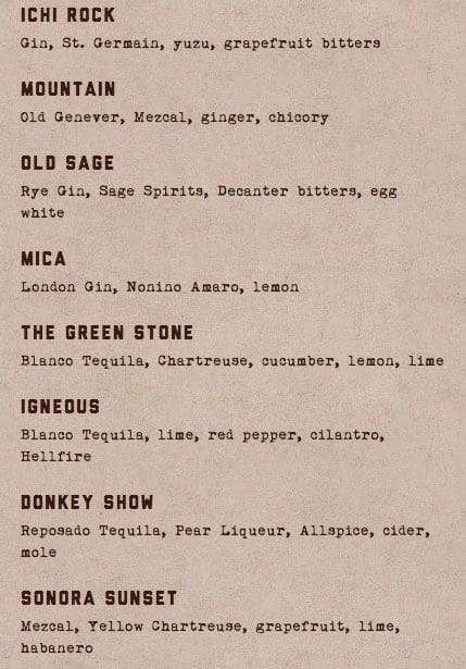 Menu at Rock Bar, San Francisco