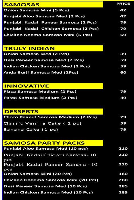 Menu at The Indian Samosa, Bhubaneswar
