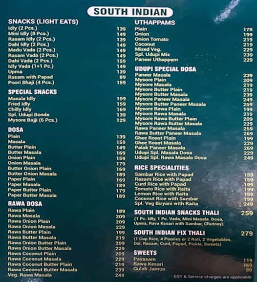 Menu of Udupi, Golf Course Road, Gurgaon