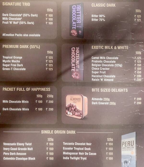 Menu of Amul Chocolate, Dadar Shivaji Park, Mumbai