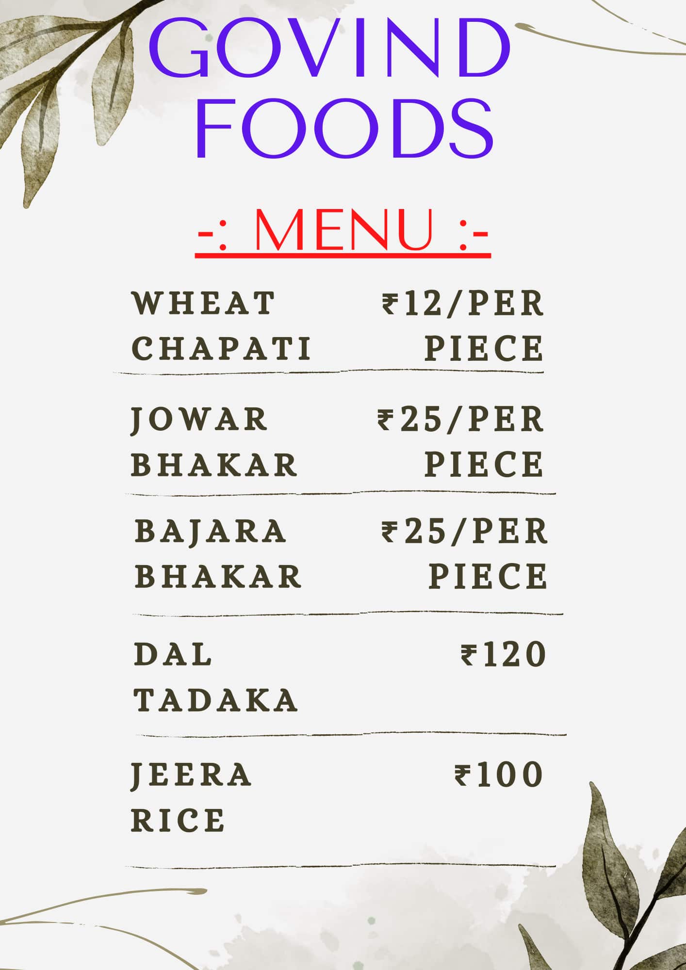 Menu of Govind Foods, Chandan Nagar, Pune
