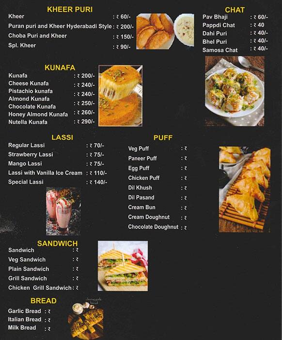 Menu of Baker's Station, Langer Houz, Hyderabad