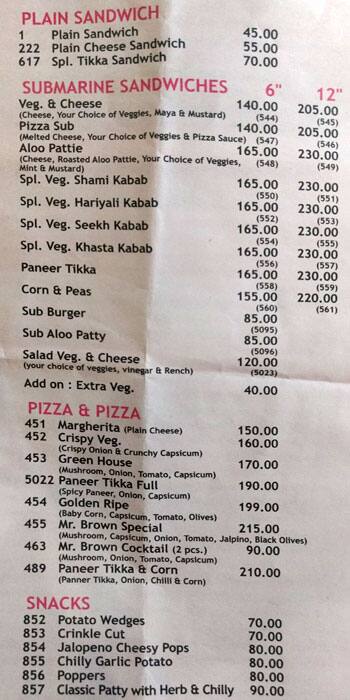 Menu at Mr. Brown Bakery, Kanpur