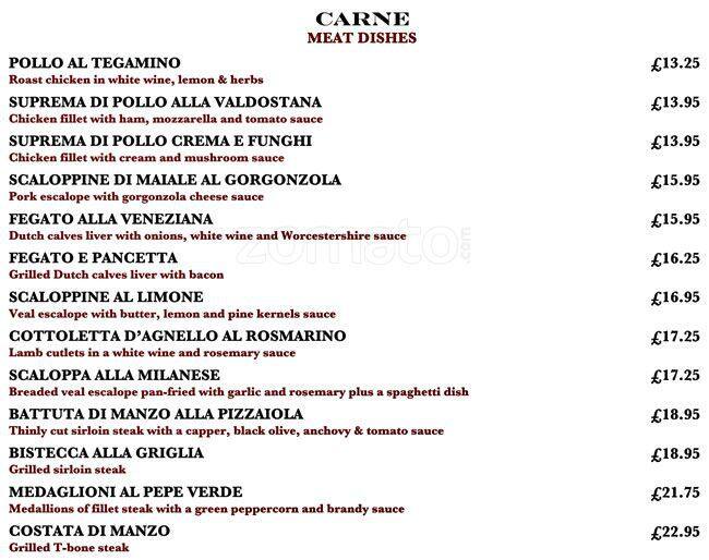 Menu at Isolabella restaurant, London, 45-46 Red Lion St