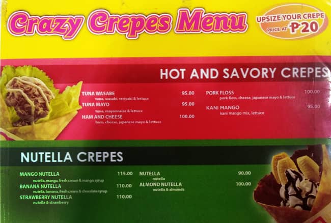 Menu at Crazy Crepes desserts, Parañaque