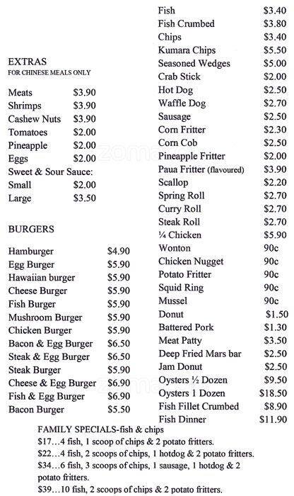 Menu at Whitby Chinese Takeaway fast food, Porirua