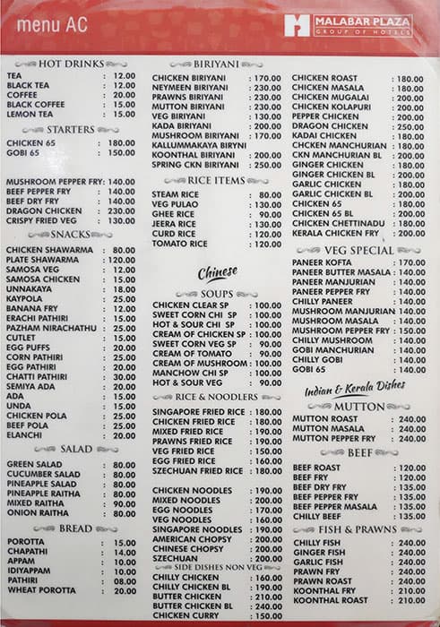 Menu at Malabar Restaurant, Ernakulam, X7WP+2Q9