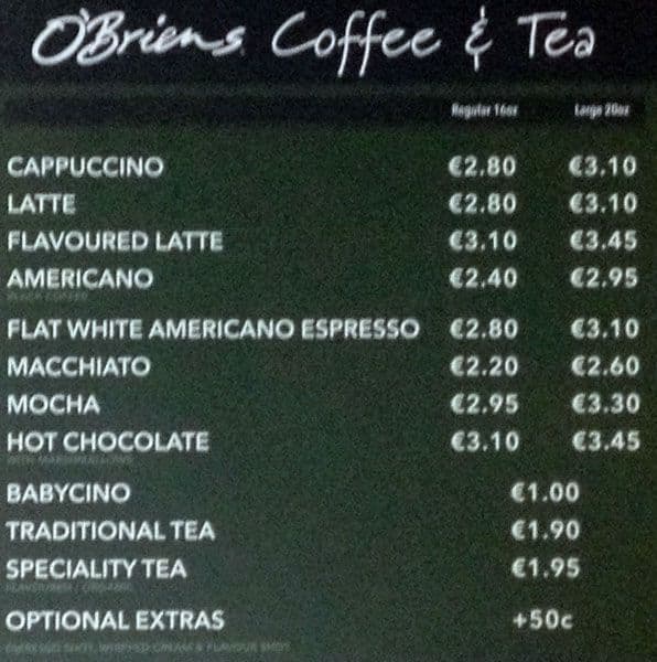 Menu at O'Briens Sandwich Cafe, Dublin, 5 Nassau St