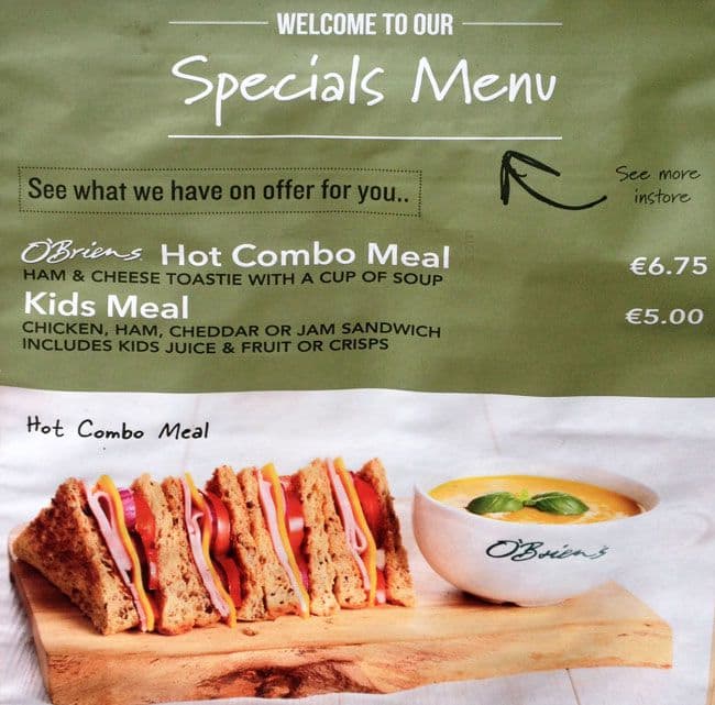 Menu at O'Briens Sandwich Cafe, Dublin, 5 Nassau St