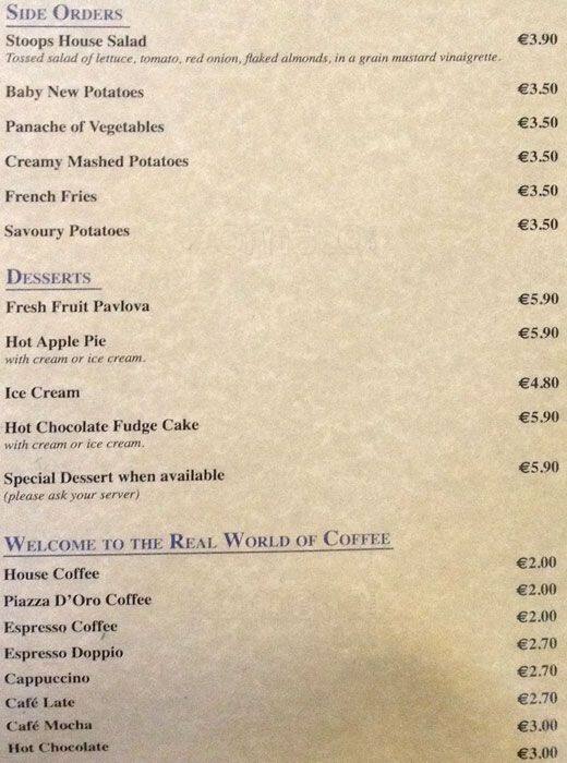 Menu at Stoop Your Head pub & bar, Skerries