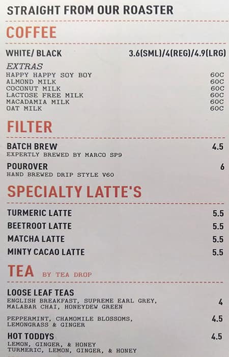 Menu at Roasting Warehouse restaurant, North Melbourne