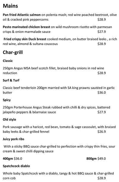 Menu at Adelaide Inn restaurant, North Adelaide