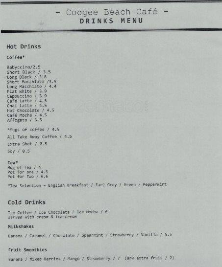 Menu at Coogee Beach Cafe, Coogee, 4 Powell Rd