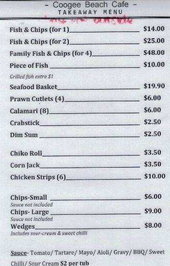 Menu at Coogee Beach Cafe, Coogee, 4 Powell Rd