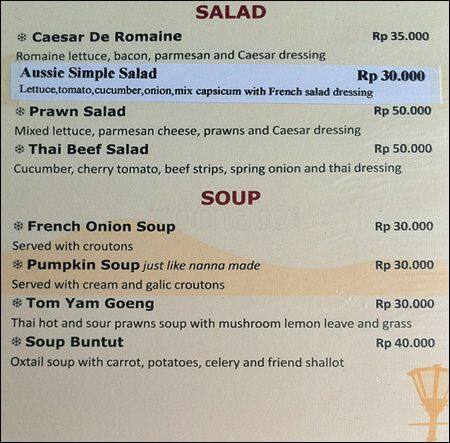 Menu at The Mine Shaft pub & bar, Kuta