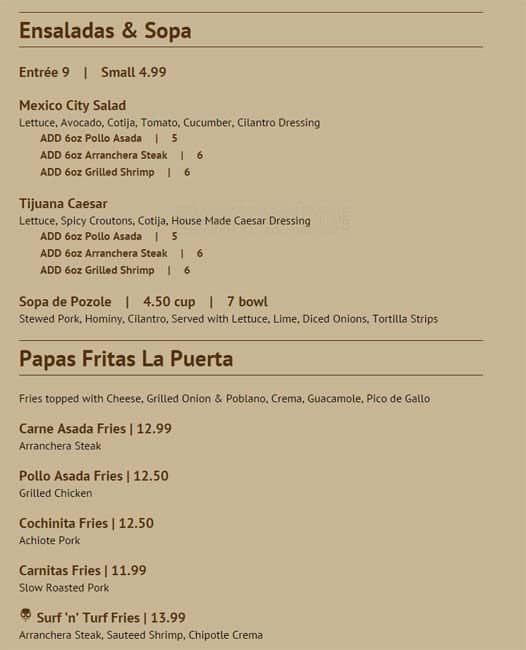 Menu at La Puerta pub & bar, San Diego, 560 Fourth Ave