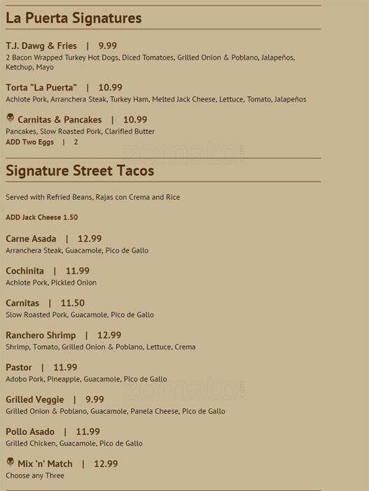 Menu at La Puerta pub & bar, San Diego, 560 Fourth Ave