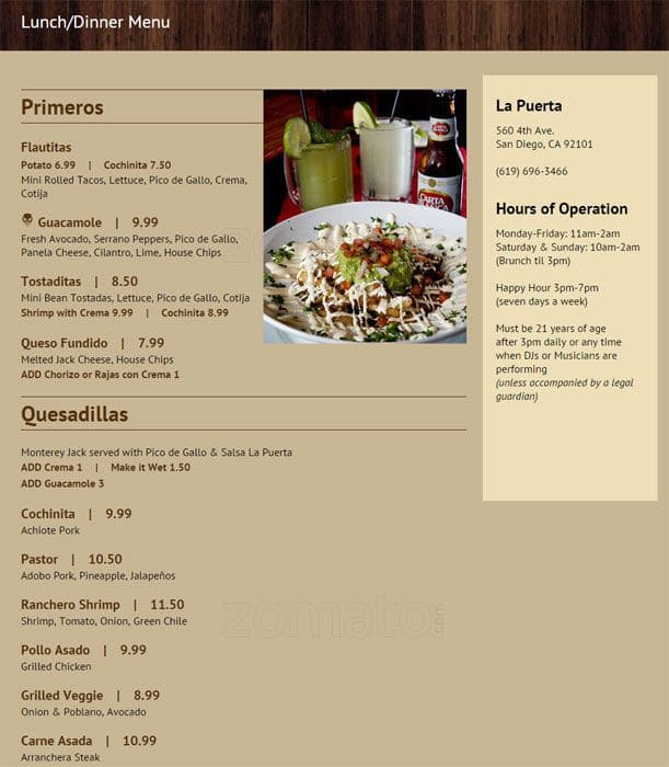Menu at La Puerta pub & bar, San Diego, 560 Fourth Ave