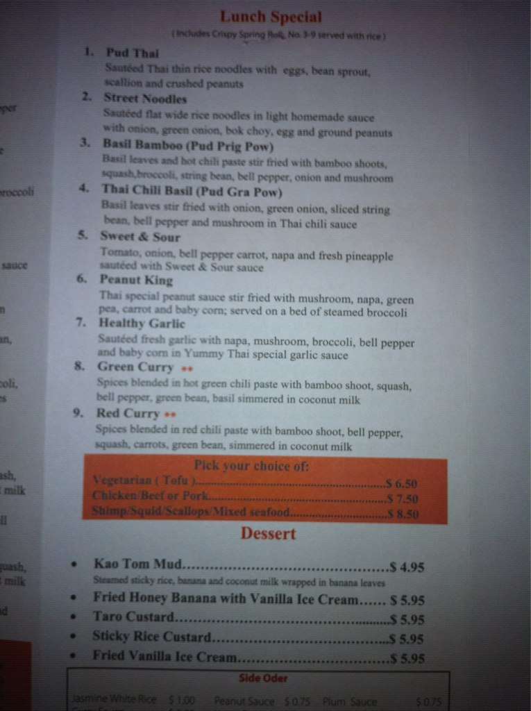 Menu at Yummy Thai restaurant, North Tonawanda, 92 Webster St