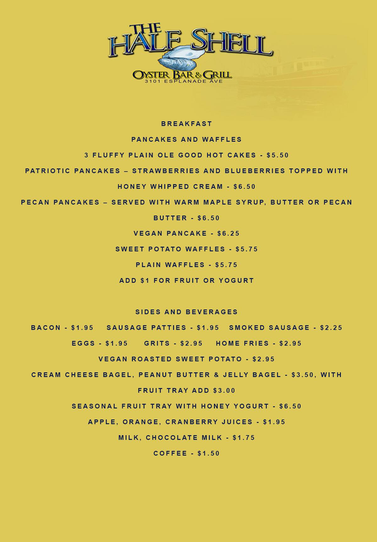 Menu at The Half Shell restaurant, New Orleans, Esplanade Ave