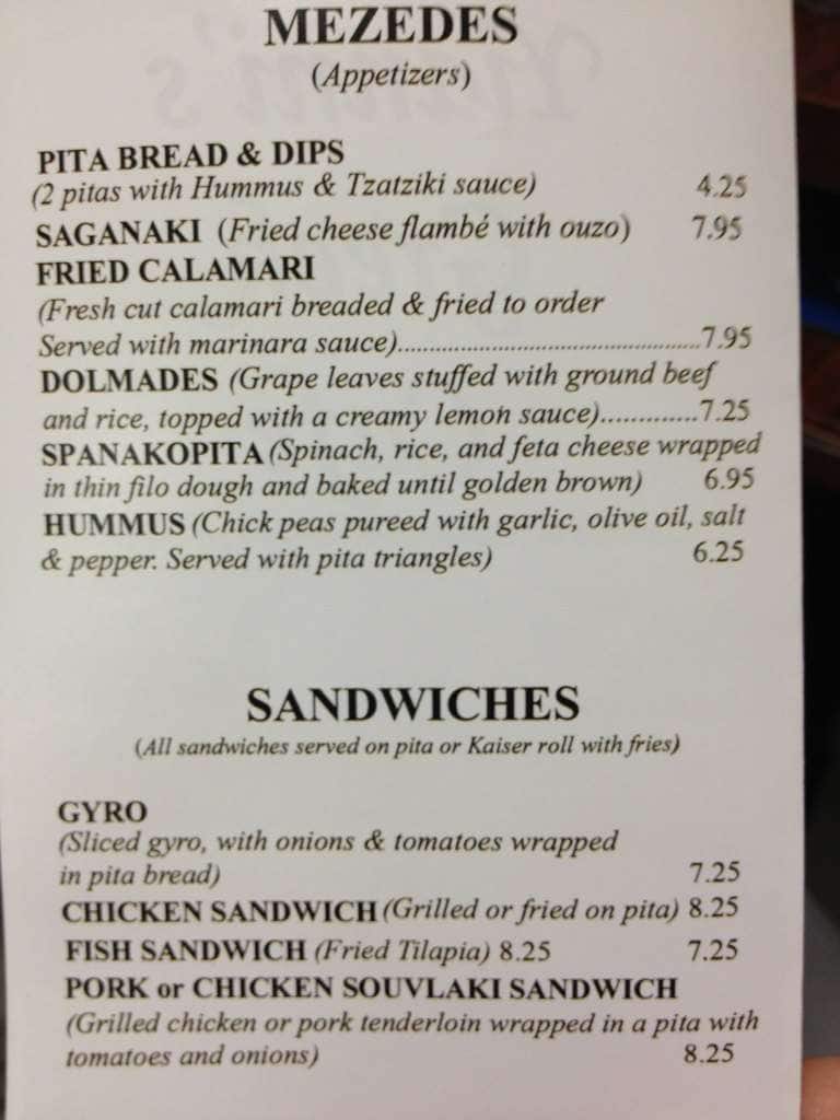Menu at Yiannis Greek Cafe, Fort Pierce, S US Highway 1