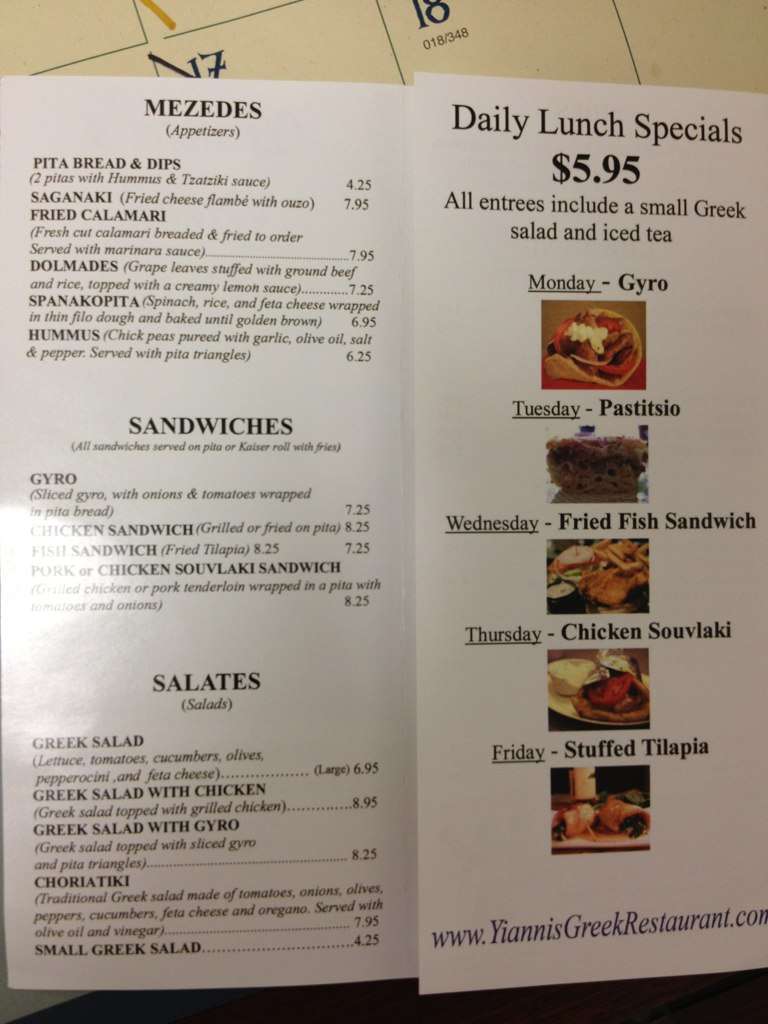 Menu at Yiannis Greek Cafe, Fort Pierce, S US Highway 1
