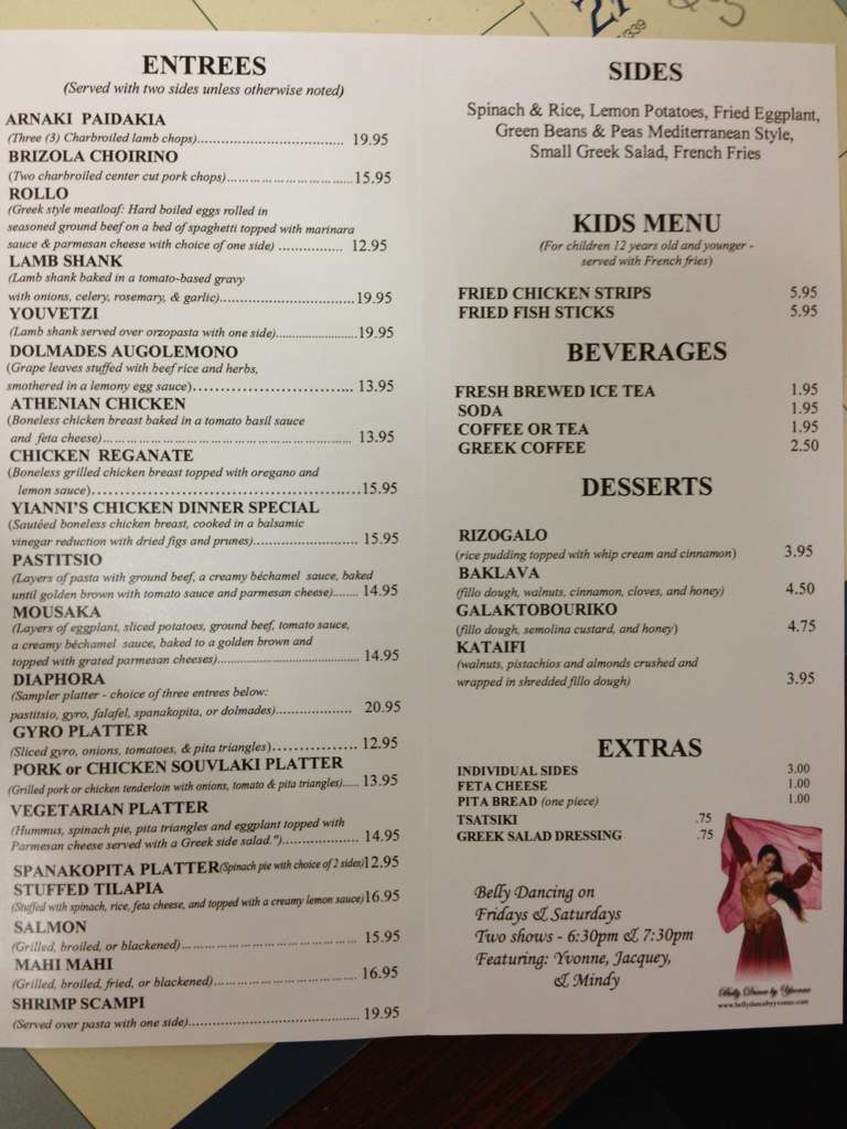 Menu at Yiannis Greek Cafe, Fort Pierce, S US Highway 1