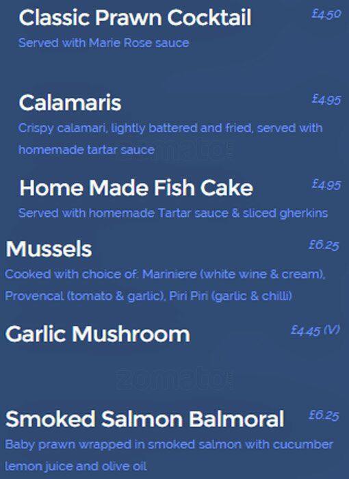 Menu at Blue Harbour restaurant, Bromley