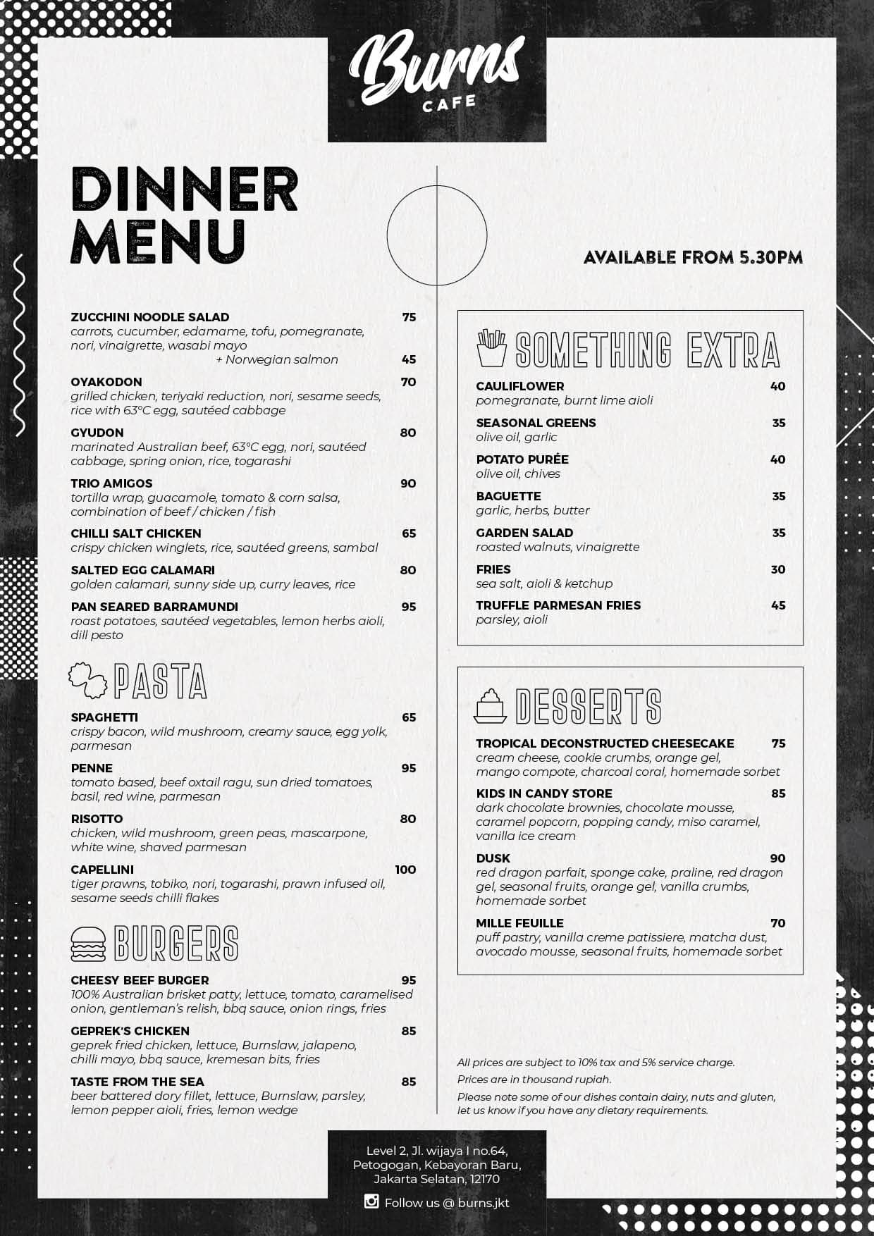 Menu at Burns Cafe, South Jakarta