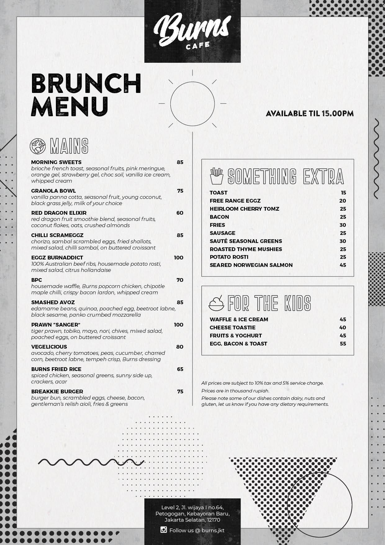 Menu at Burns Cafe, South Jakarta