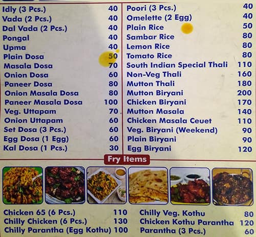 Menu of Madurai Chettinad Mess, Munirka, New Delhi