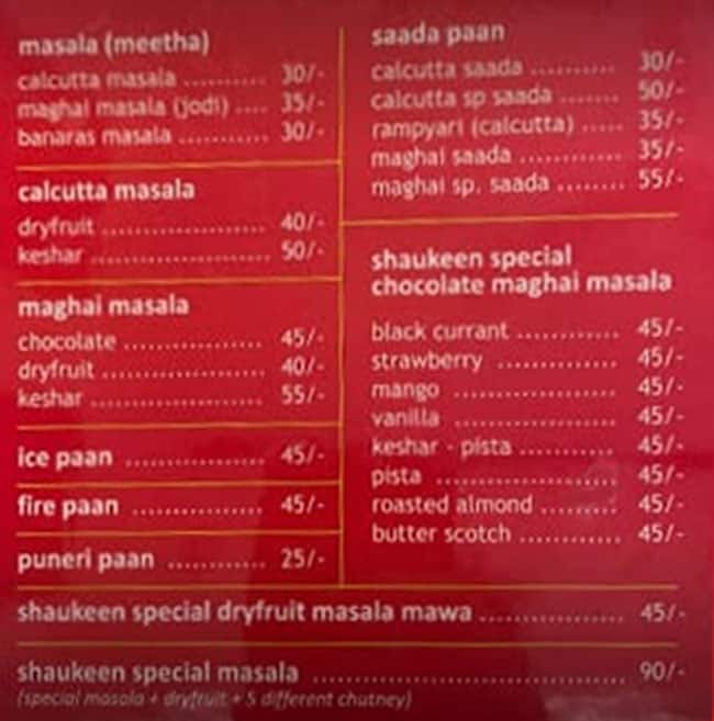 Menu of Shaukeen - The Complete Paan Shop, Dadar West, Mumbai