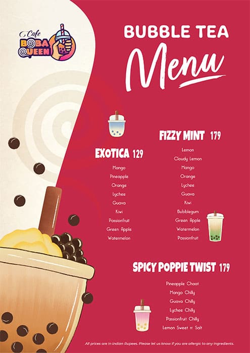 Menu at Cafe Boba Queen, Thiruvananthapuram