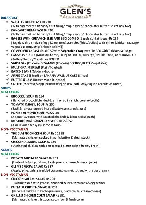 Menu of Glen`s Bakehouse, HSR, Bangalore