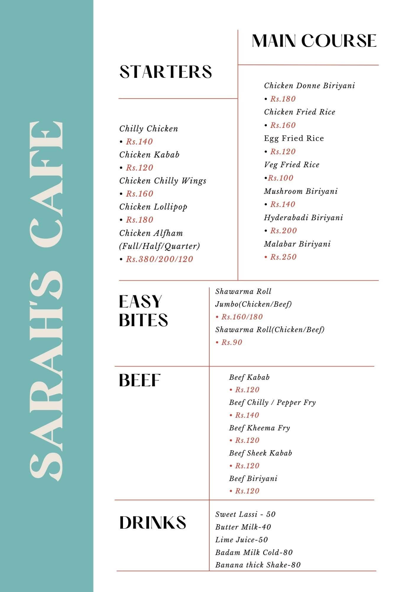 Menu of Sarah's Cafe, KR Puram, Bangalore