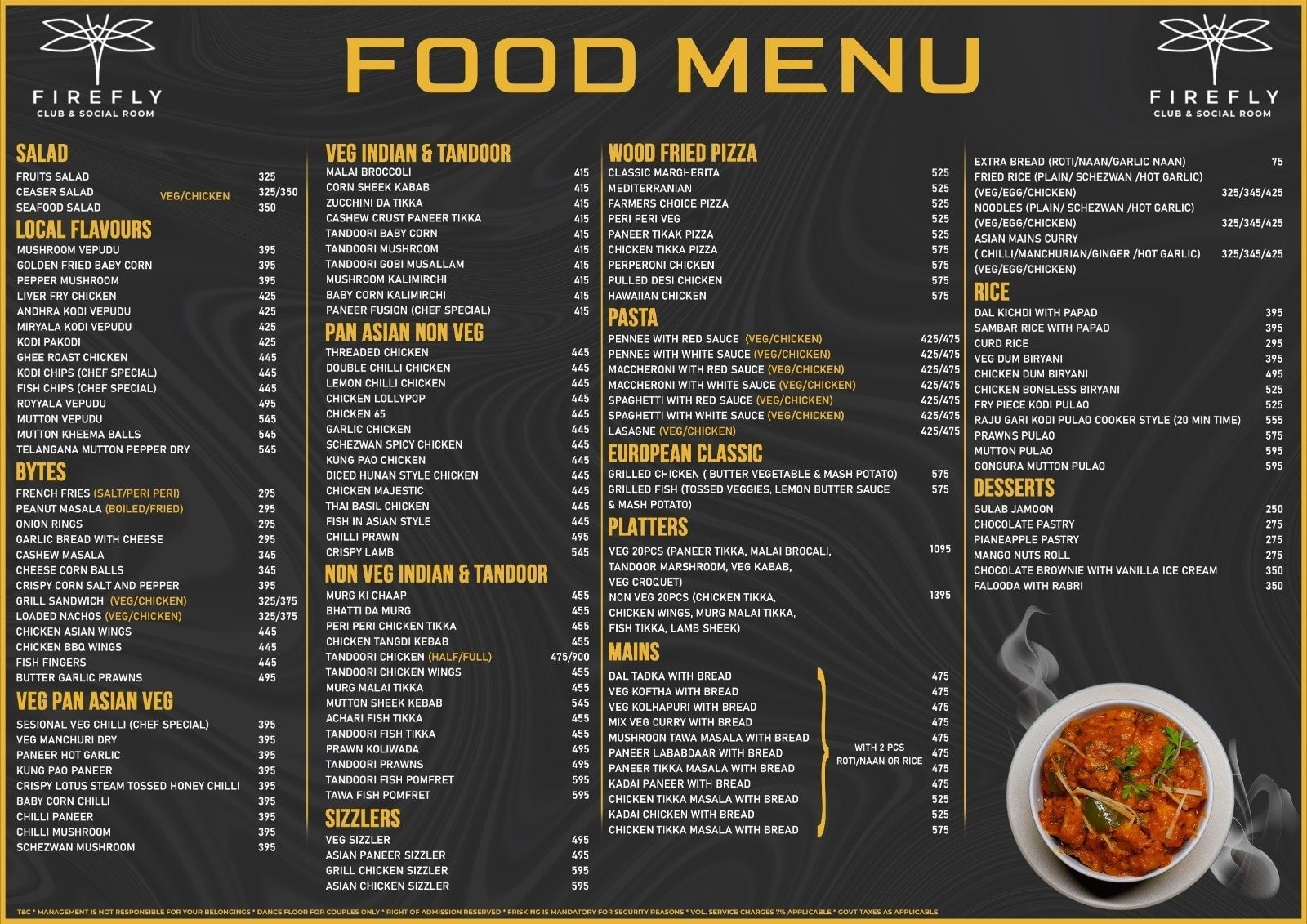 Menu of Firefly Club And Social Room, Kondapur, Hyderabad