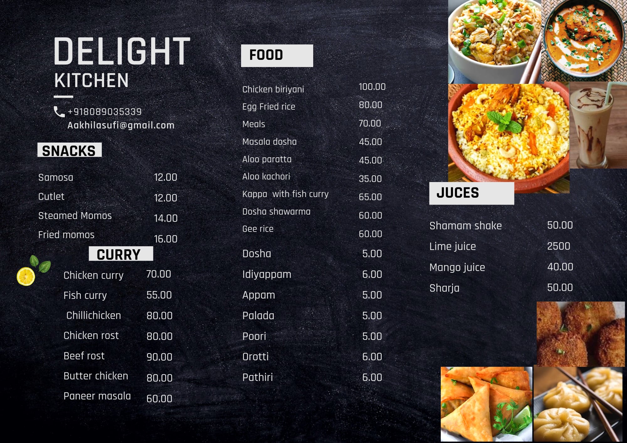 Menu of Delight Kitchen, Thycaud, Trivandrum