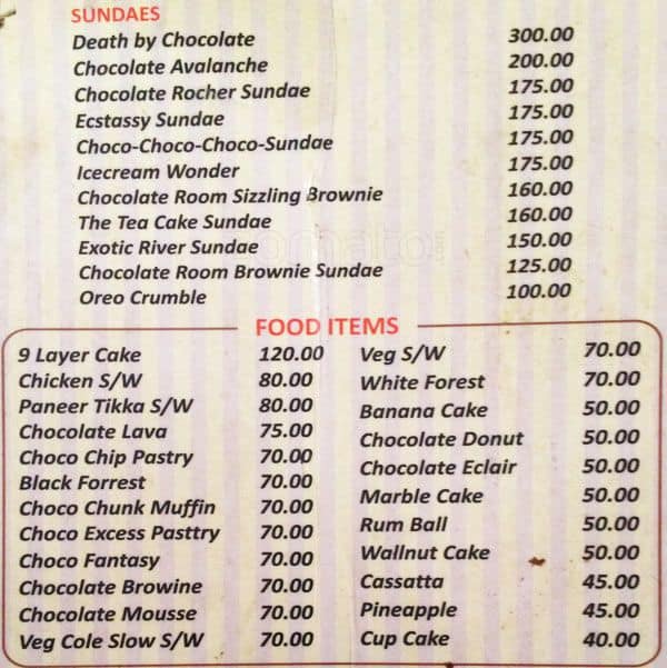 Menu at The Chocolate Room, Bhopal, T-1