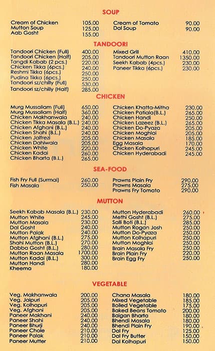 Menu of Food Inn, Colaba, Mumbai
