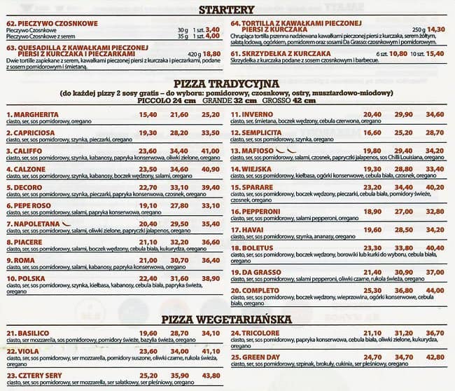 Da Grasso menu, Menu restauracji Da Grasso, Wola, Warszawa ...