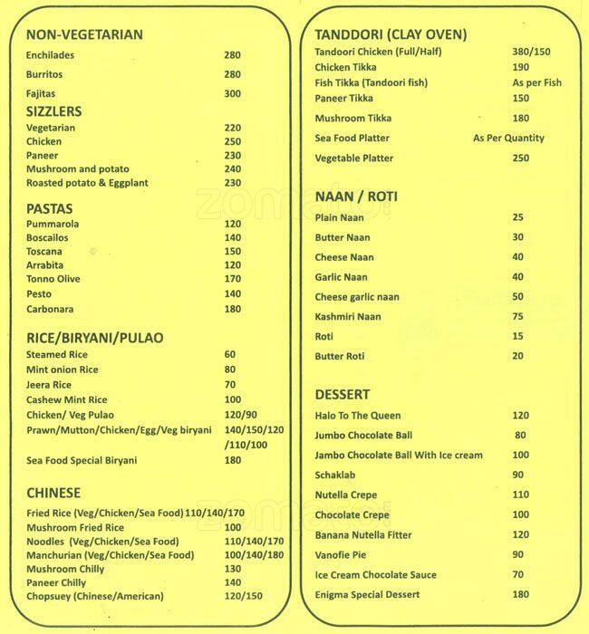 Menu at Enigma Restrobar, Majorda