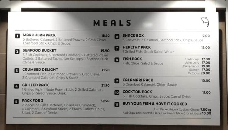 Carta de comida rápida The Fish Market, Maroubra