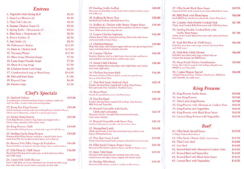 Menu at Capitol Regent restaurant, Aitkenvale, 299 Ross River Rd